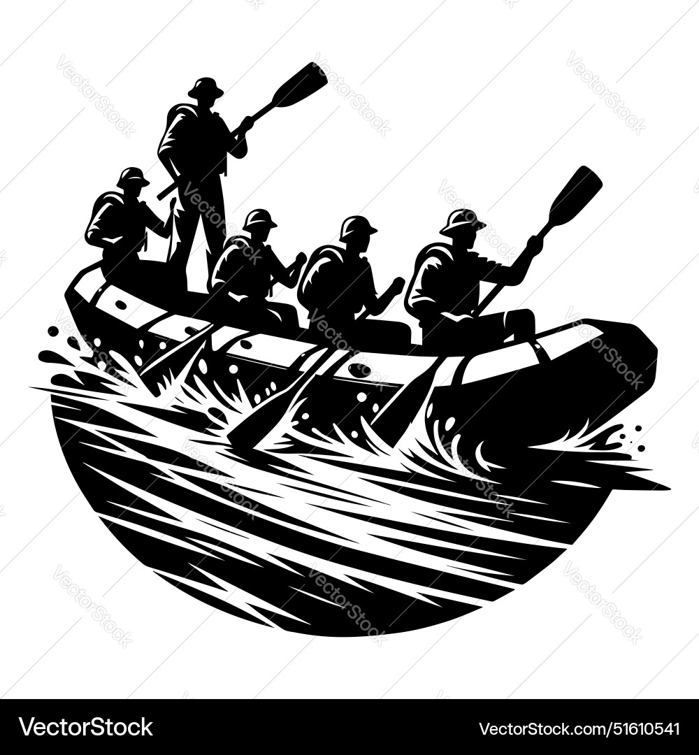 Rafting team on river silhouette clip art Vector Image