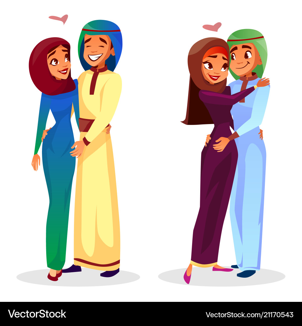 Cartoon arab muslim couples hugging Royalty Free Vector