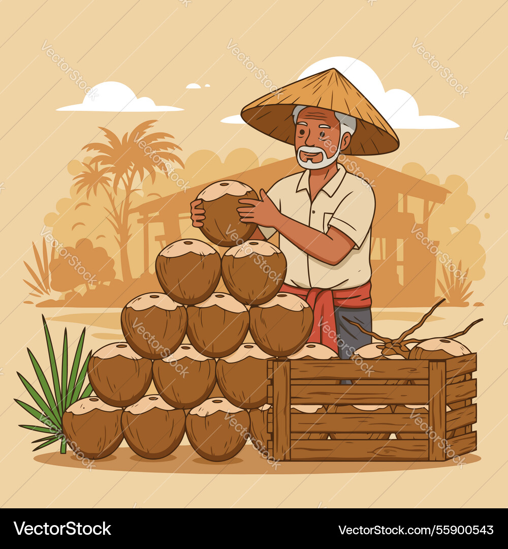 Farmer stacking coconuts in tropical setting Vector Image