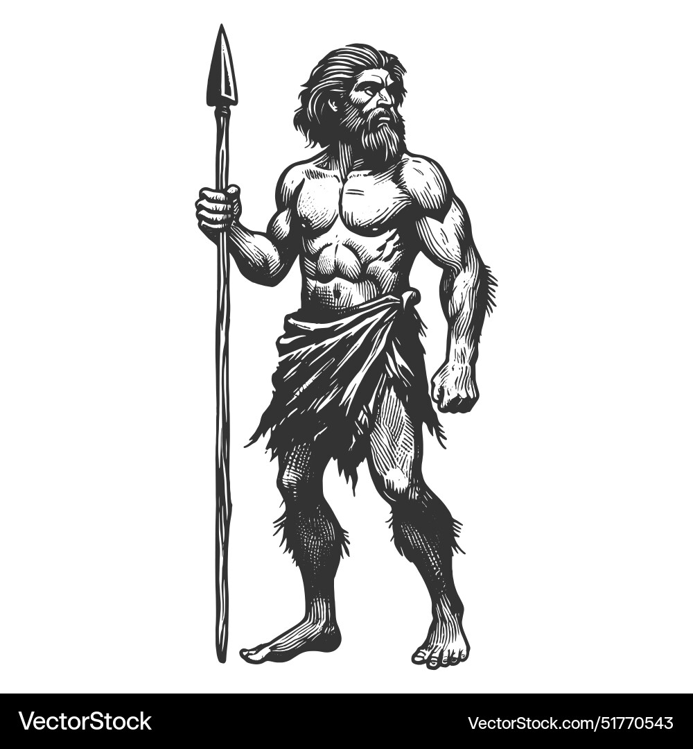 Prehistoric caveman with spear engraving Vector Image