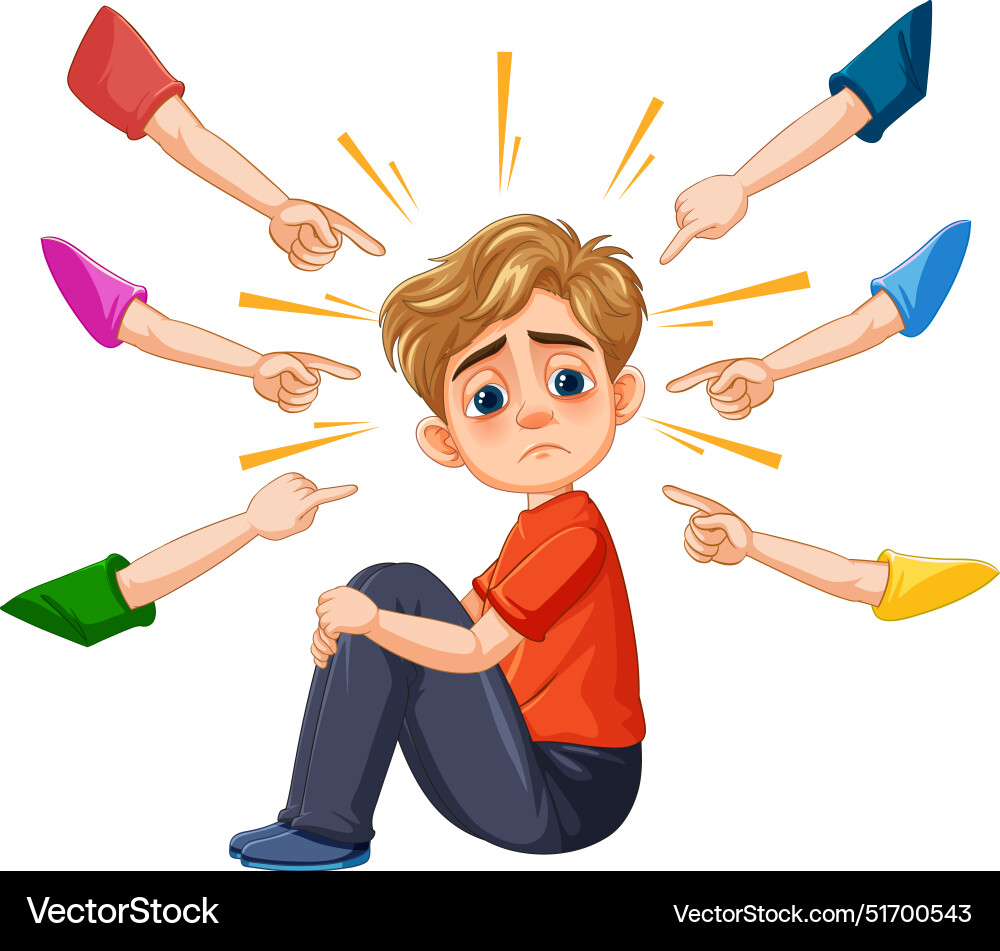 Sad child surrounded by pointing fingers Vector Image