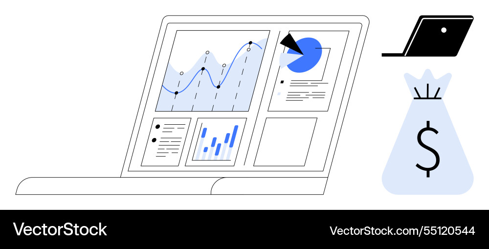 Laptop with financial data graphs and bag Vector Image