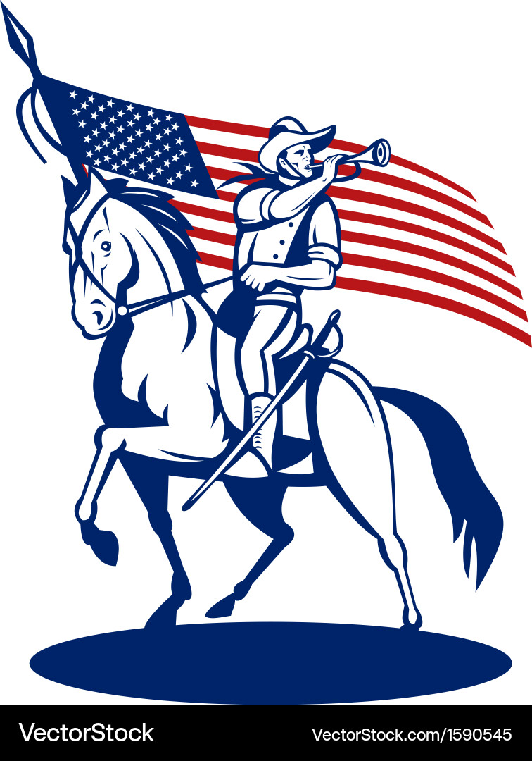 American cavalry soldier riding horse bugle Vector Image