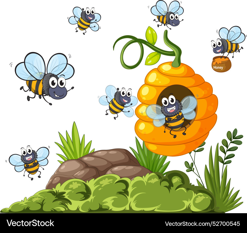 Bees flying around a honeycomb hive Royalty Free Vector