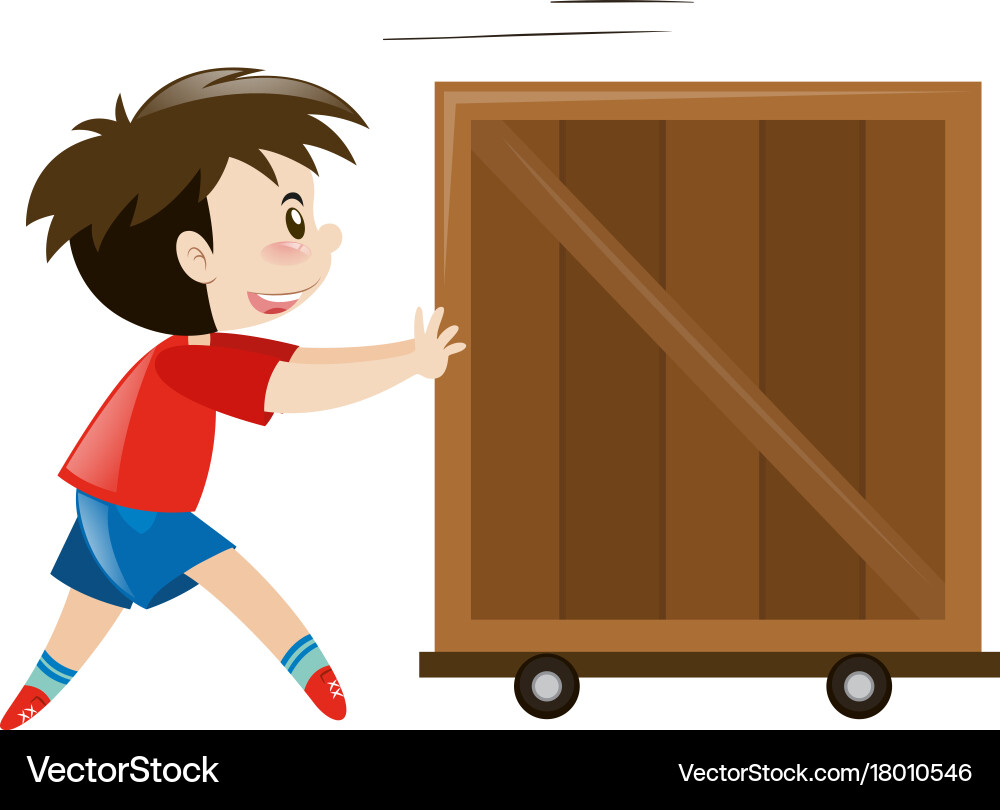 Happy boy pushing wooden box Royalty Free Vector Image