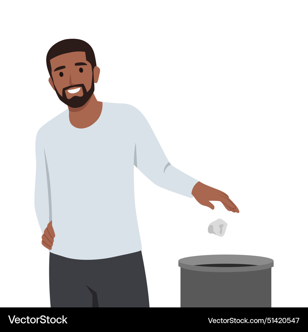 Man throw the paper into blue recycle garbage bin Vector Image