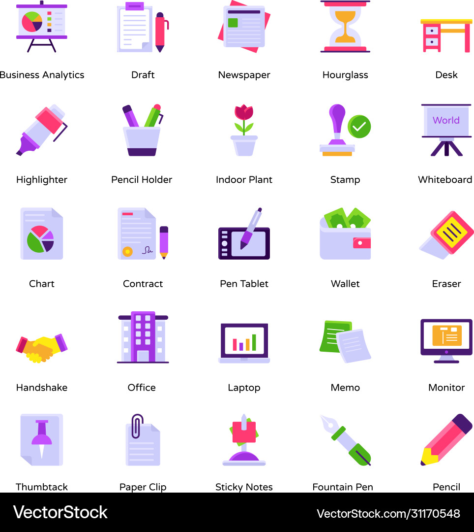Office and workplace accessories flat icons pack Vector Image