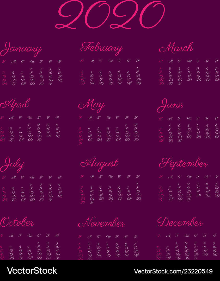 2020 calendar year - vintage Royalty Free Vector Image