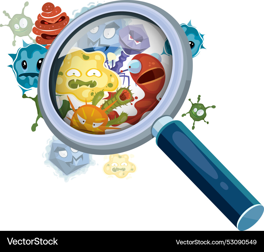 Microbes in magnifying glass bacteria and viruses Vector Image