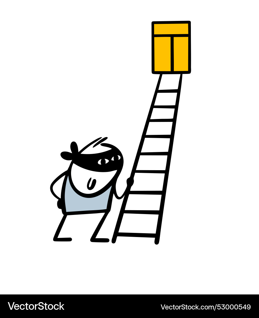 Satisfied thief in black mask has set up a ladder Vector Image