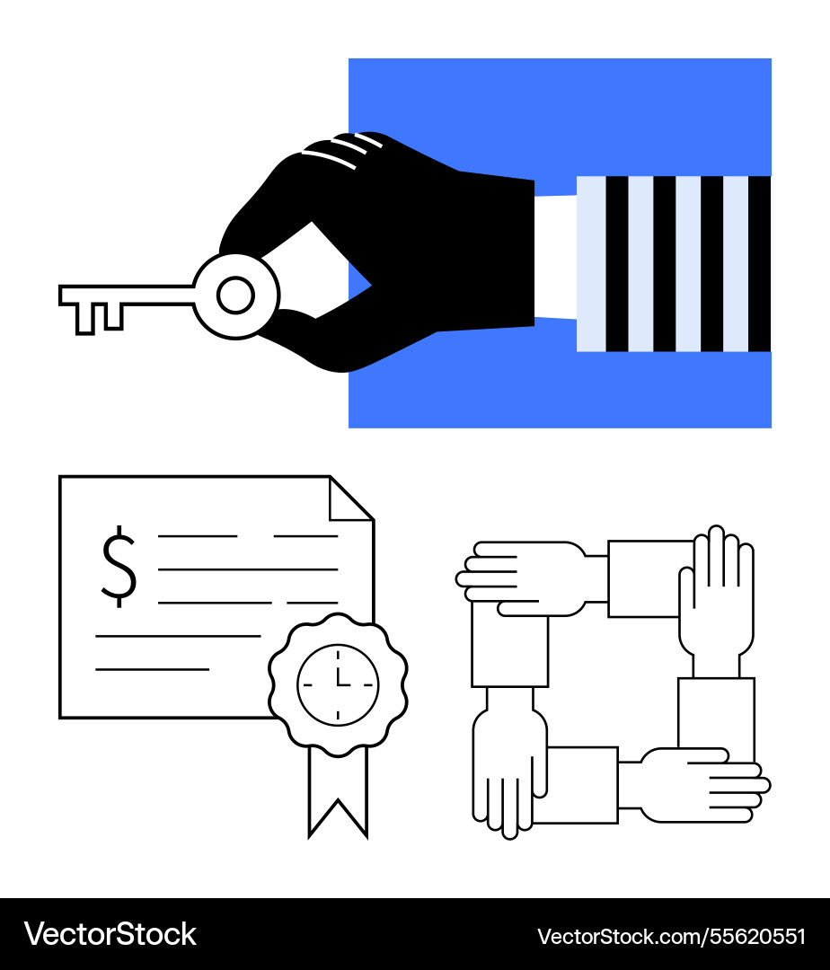 Hand holding key document with seal and hands Vector Image