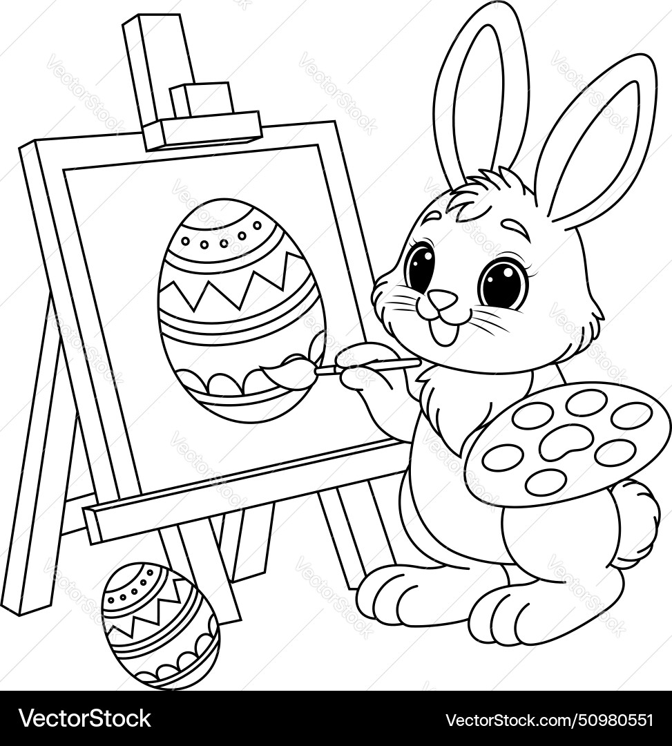 Happy little rabbit drawing easter egg on an easel