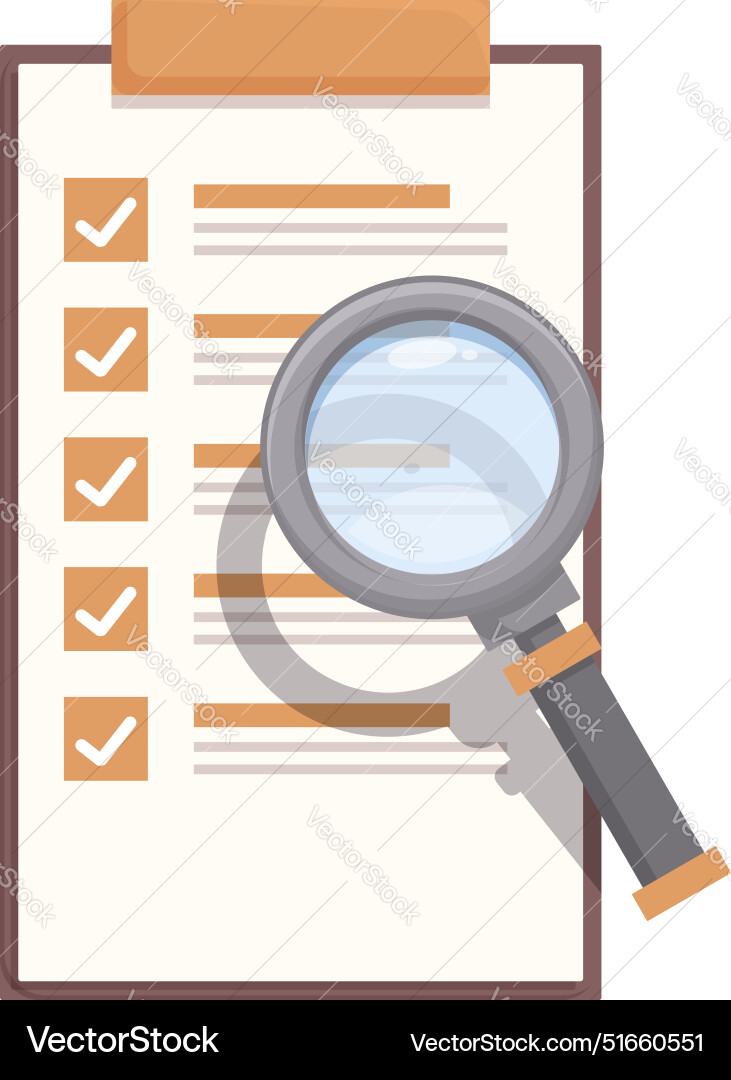 Magnifying glass analyzing completed checklist Vector Image
