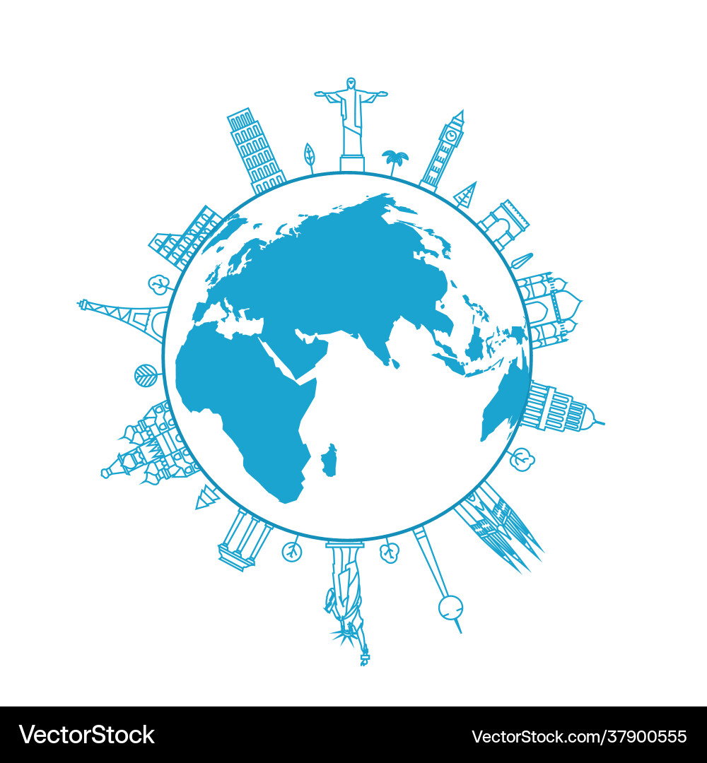 Earth with world city sights linear Royalty Free Vector