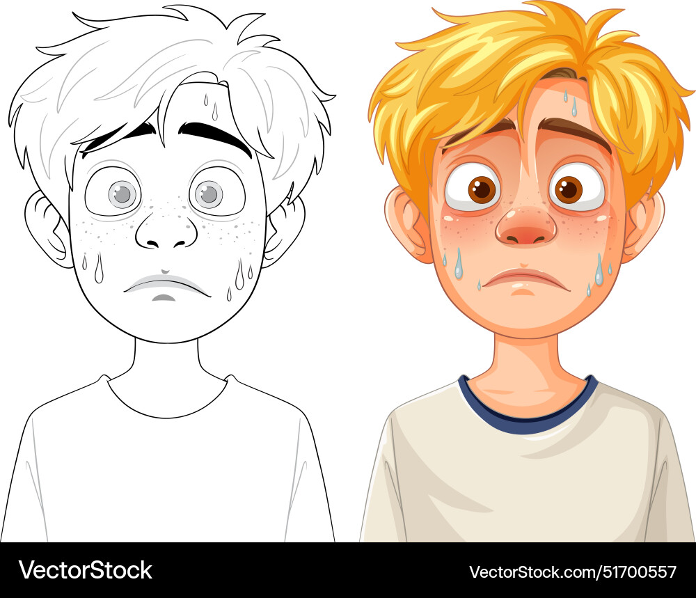 A worried freckled boy sweating Royalty Free Vector Image