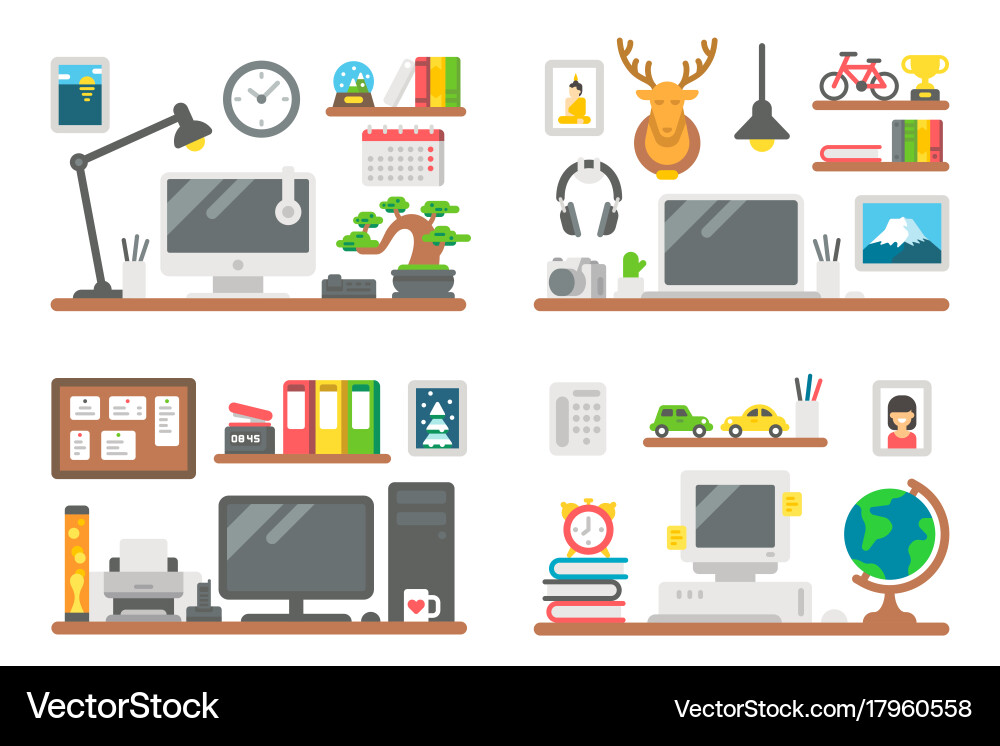 Flat design working desk set Royalty Free Vector Image