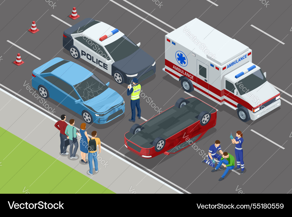 Car crash isometric showing a flipped Royalty Free Vector