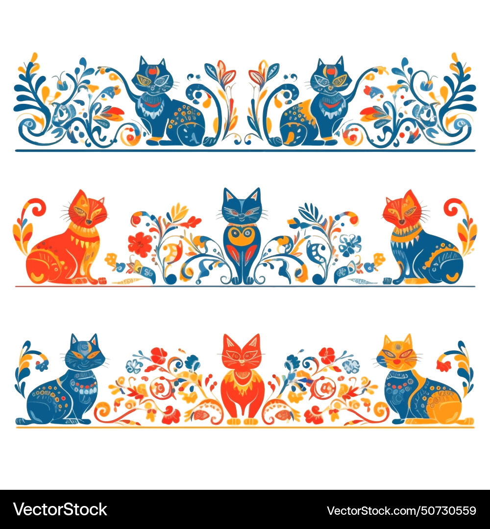 Ethnic style ornamental cats borders set Vector Image