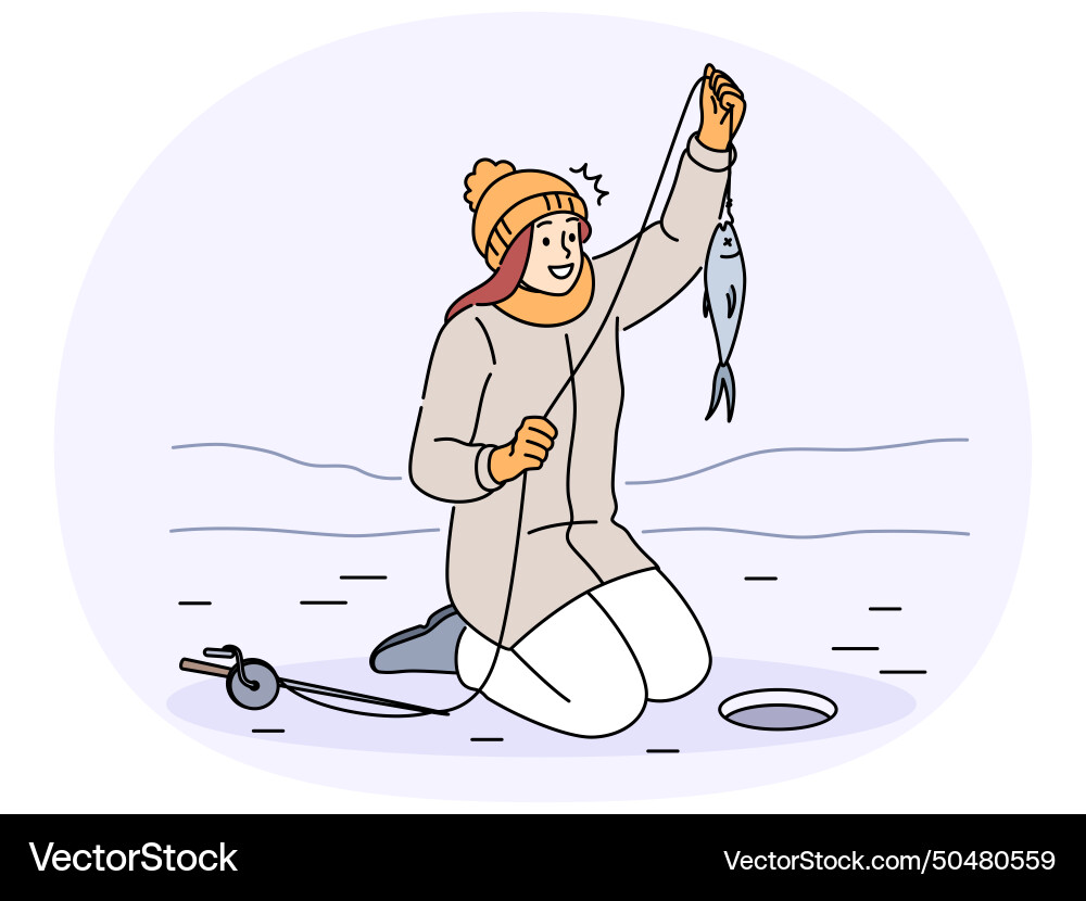 Smiling catch fish on winter river Royalty Free Vector Image