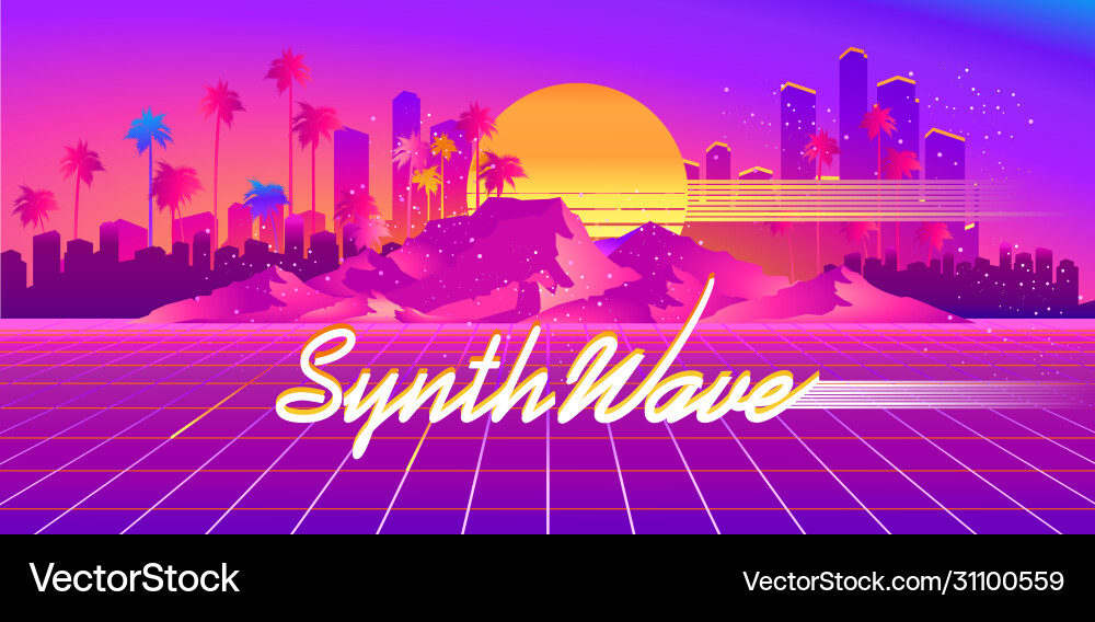 Synthwave cyber landscape with laser grid Vector Image
