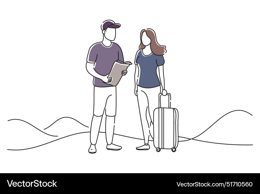Couple planning a trip doodle continuous line art Vector Image