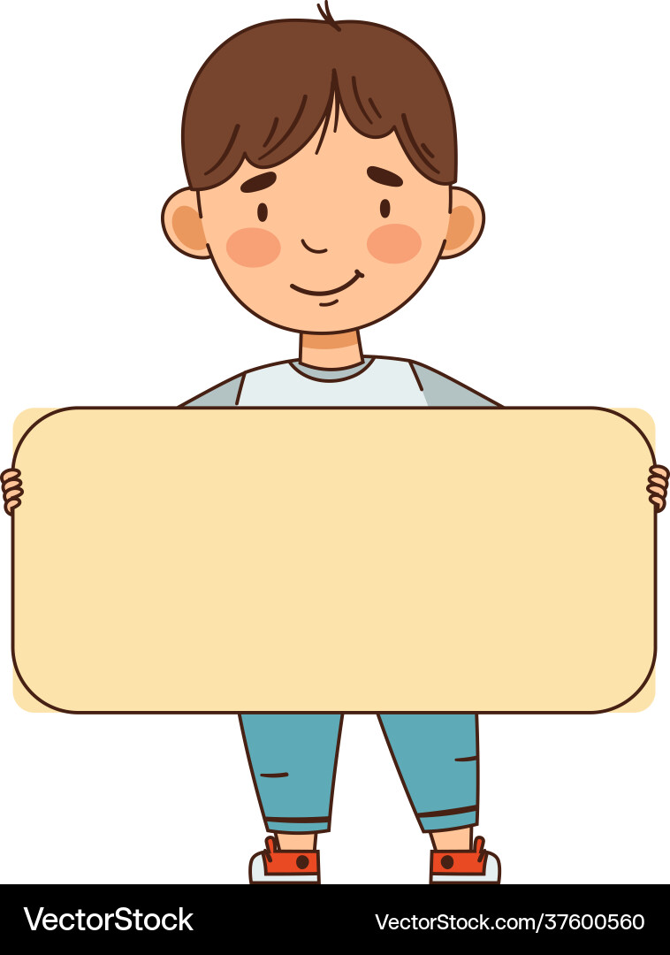 Little boy standing and holding empty rectangular Vector Image