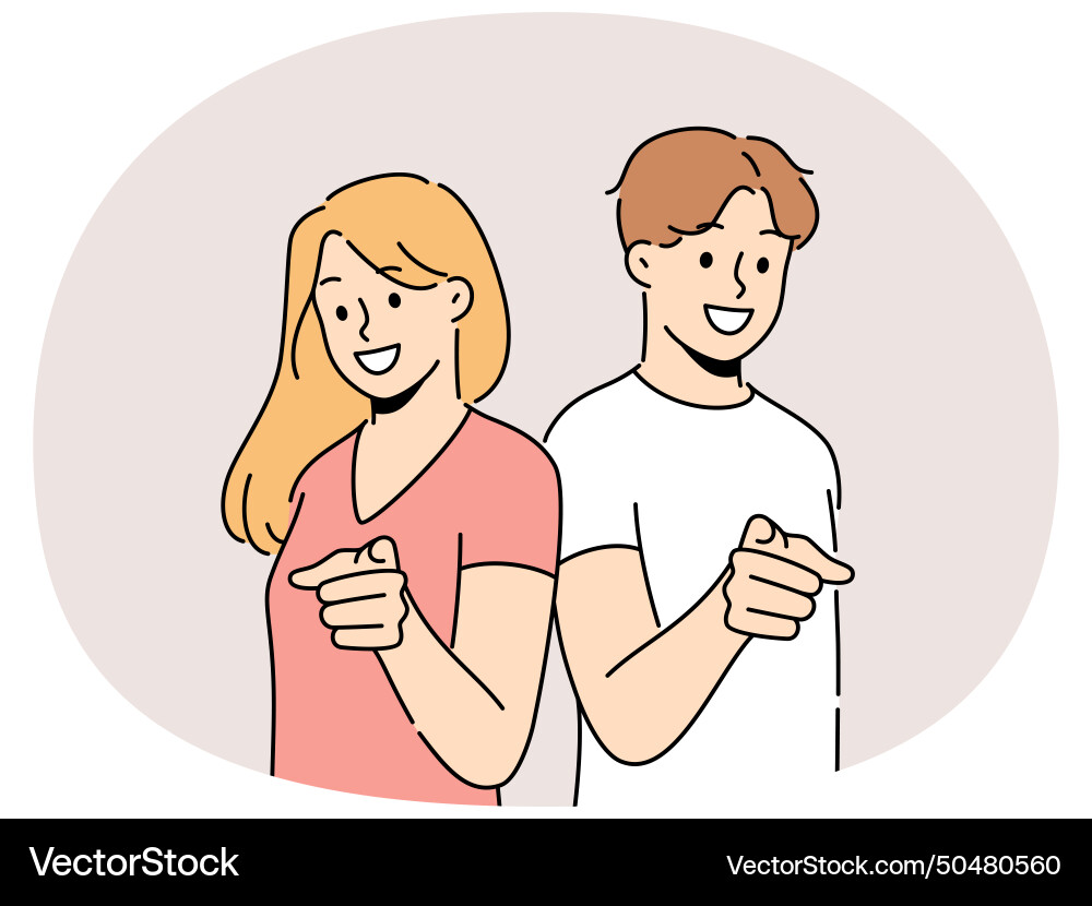 Smiling people point at screen Royalty Free Vector Image