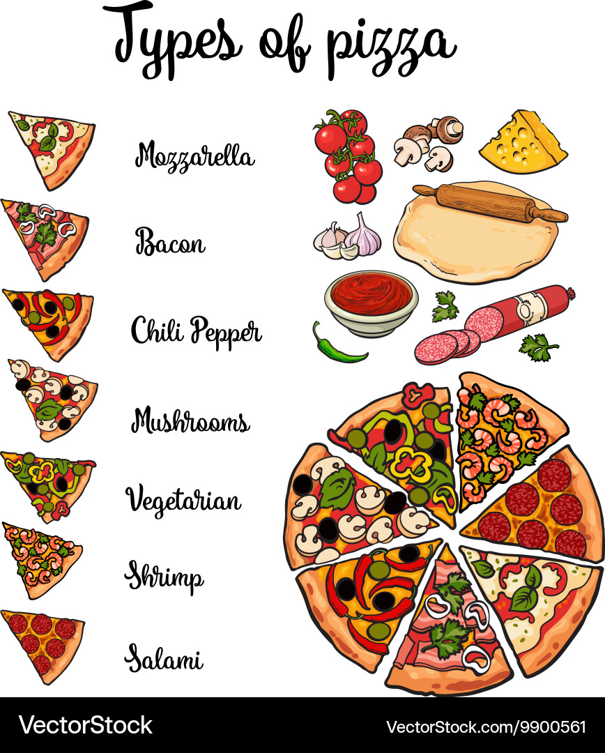 Arten von Pizza und Grundzutaten Lizenzfreies Vektorbild