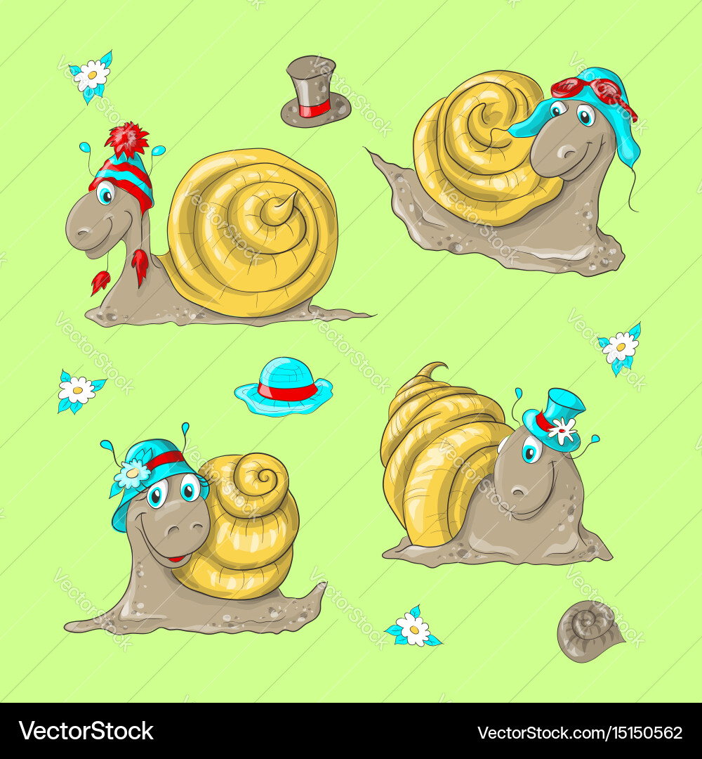 Cute funny cartoon snails in different hats Vector Image