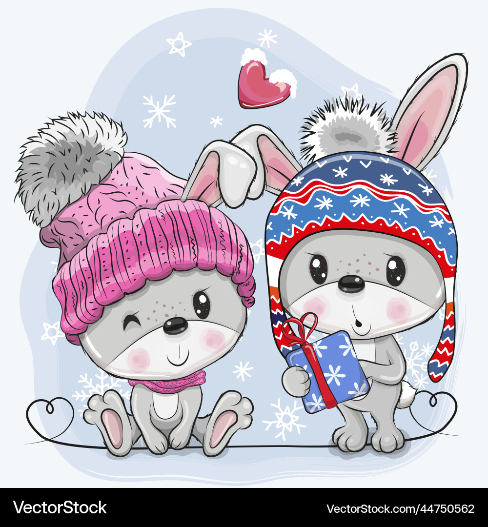 Two cute cartoon christmas rabbits Royalty Free Vector Image