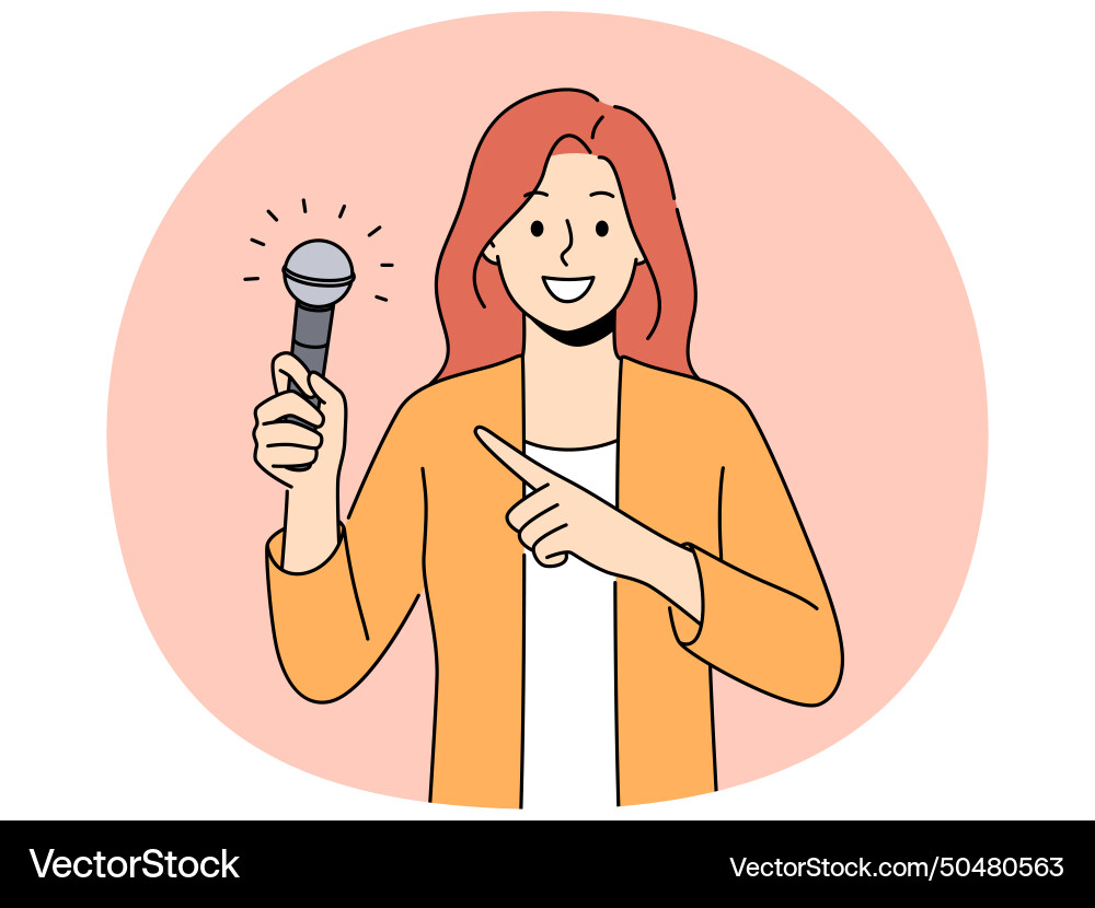Smiling woman point at microphone in hands Vector Image