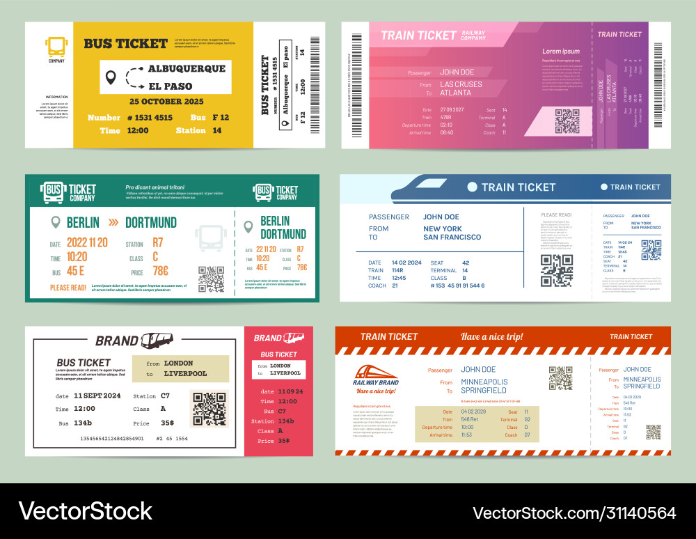 Bus and Train Ticket Set Royalty Free Vector Image