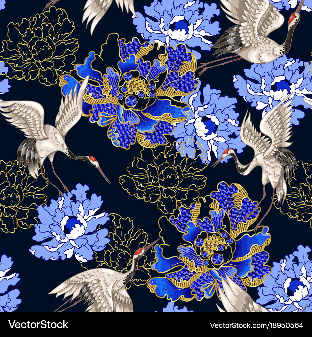 Japanese Crane and Peony Pattern Royalty Free Vector Image