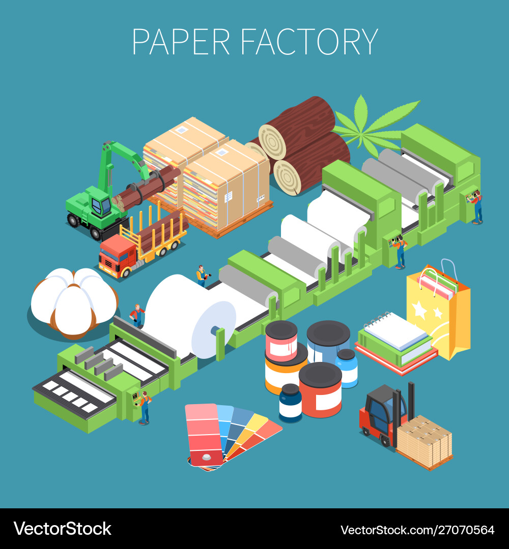 Paper factory isometric background Royalty Free Vector Image