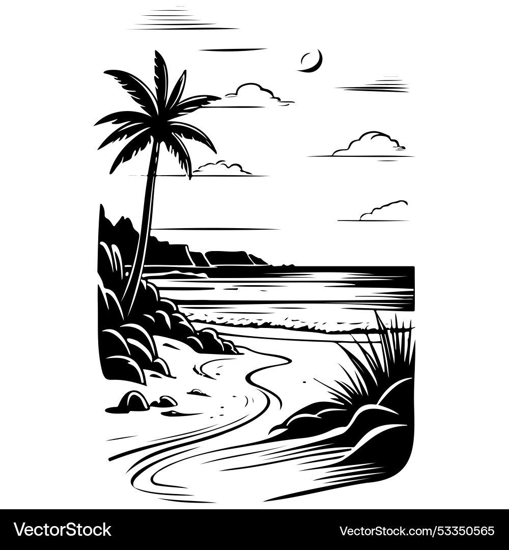 Isolated beach engraving drawing of black Vector Image