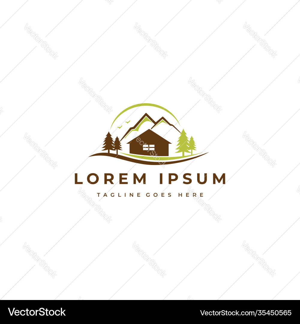Mountain house cabin logo with pine tree sun Vector Image