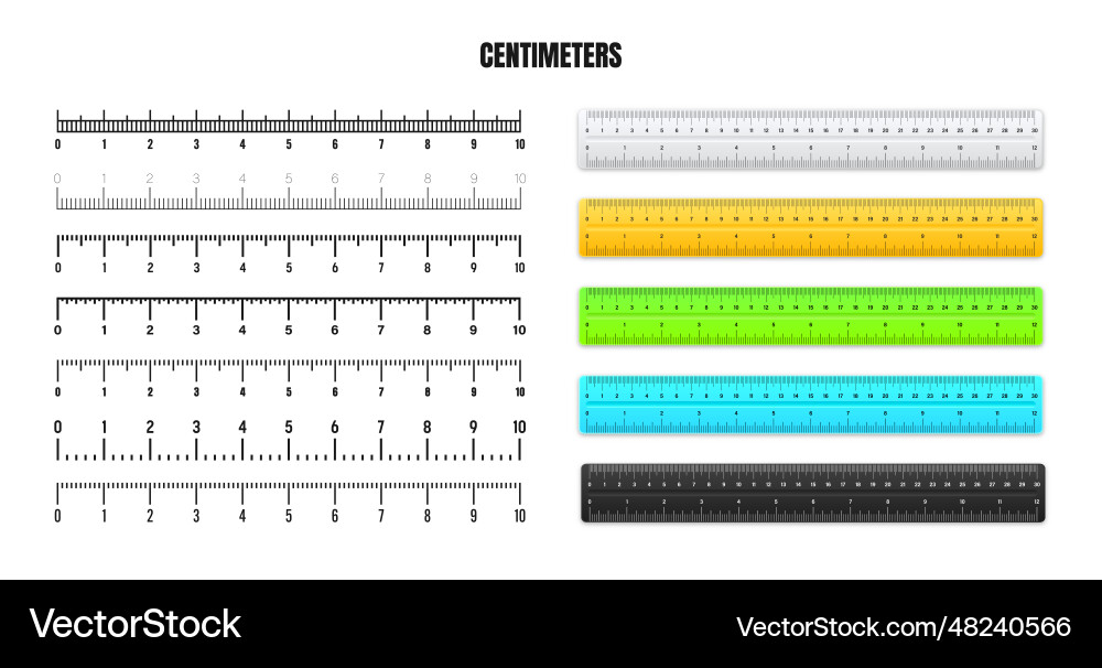 Realistic metal rulers with black centimeter scale