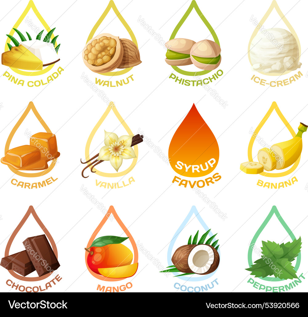 Syrup drops with various flavors icons Royalty Free Vector