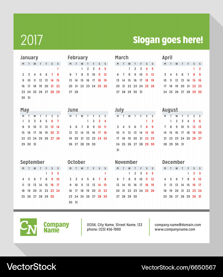 Calendar for 2017 year week starts monday design Vector Image