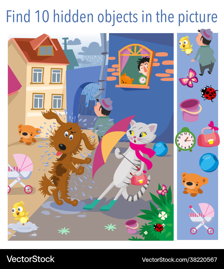 Find 10 hidden objects in picture the cat Vector Image