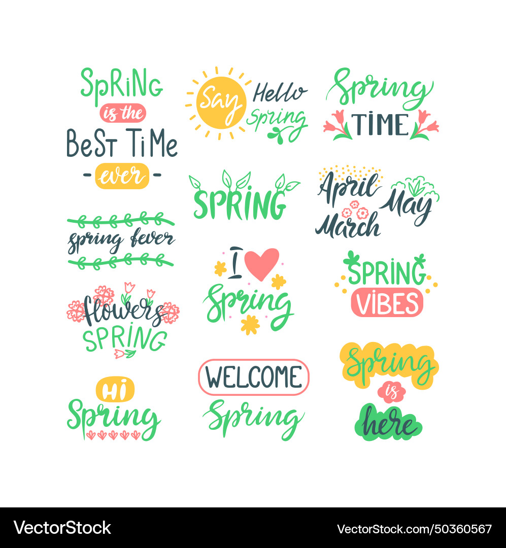 Hello spring quotes floral calligraphy springtime Vector Image