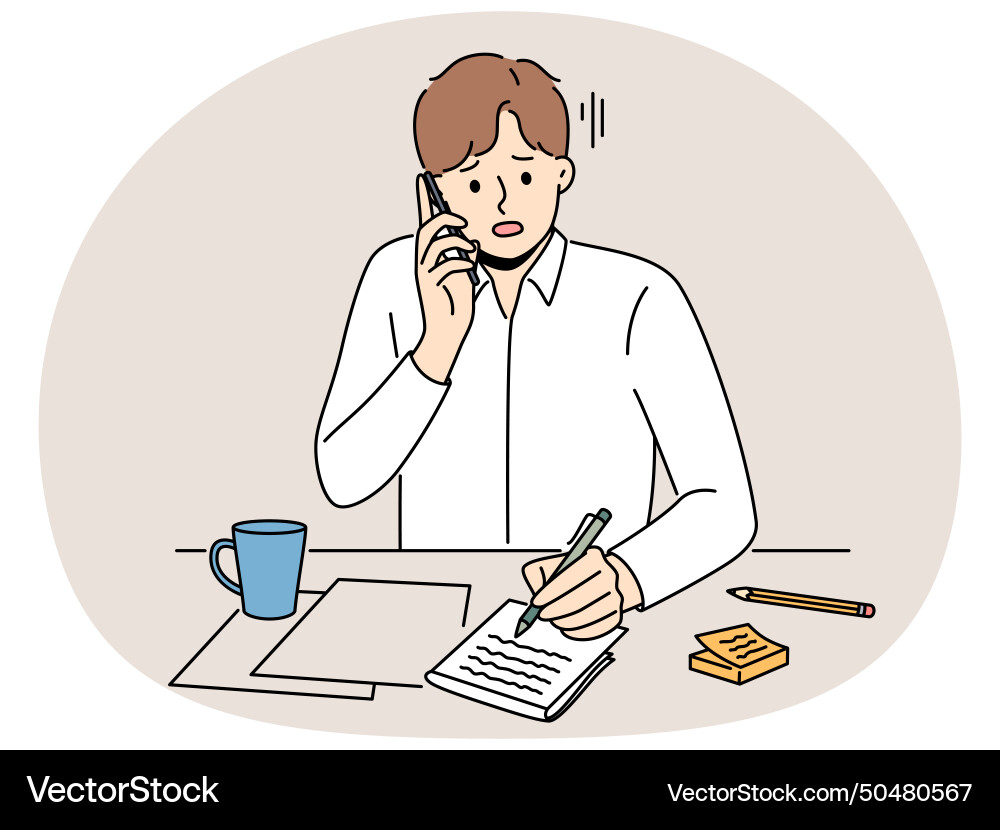Upset man talk on phone making notes Royalty Free Vector