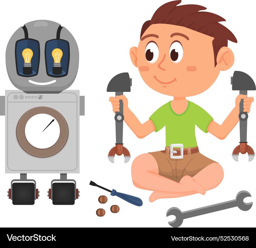 Boy constructing robot mechanical repair tools Vector Image
