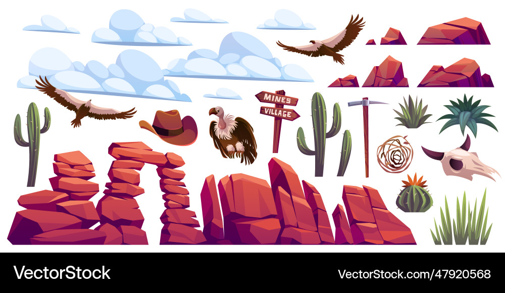 Desert cactus and rocks cartoon flat arid Vector Image