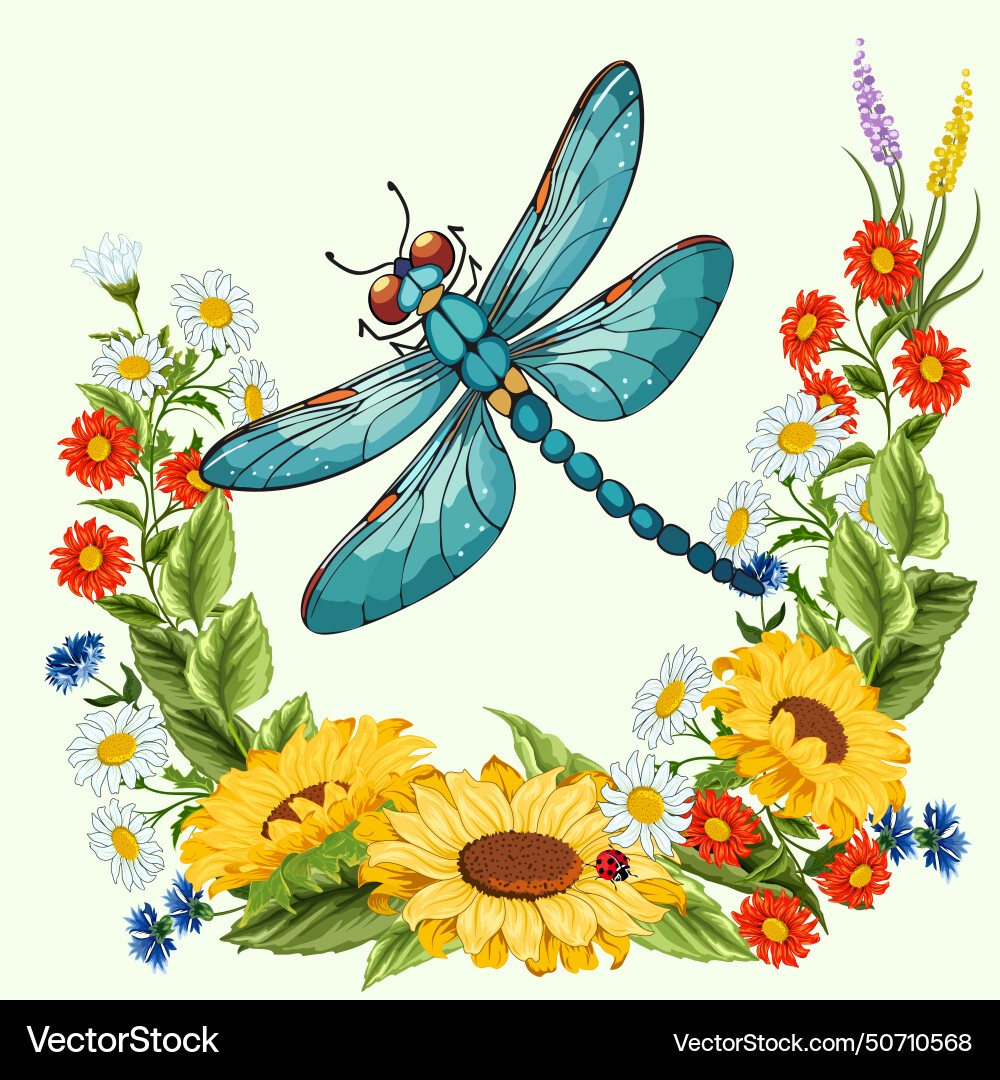Large dragonfly on flowers Royalty Free Vector Image