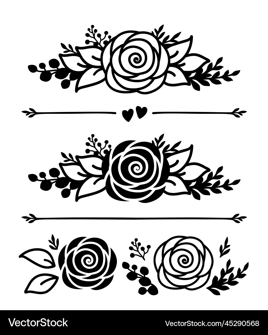 Rose flower border botanical pattern divider set Vector Image