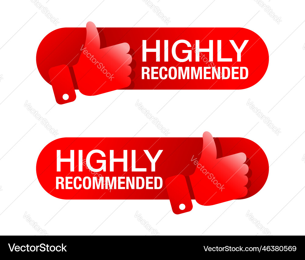 Highly recommended badge with thumbs up Royalty Free Vector