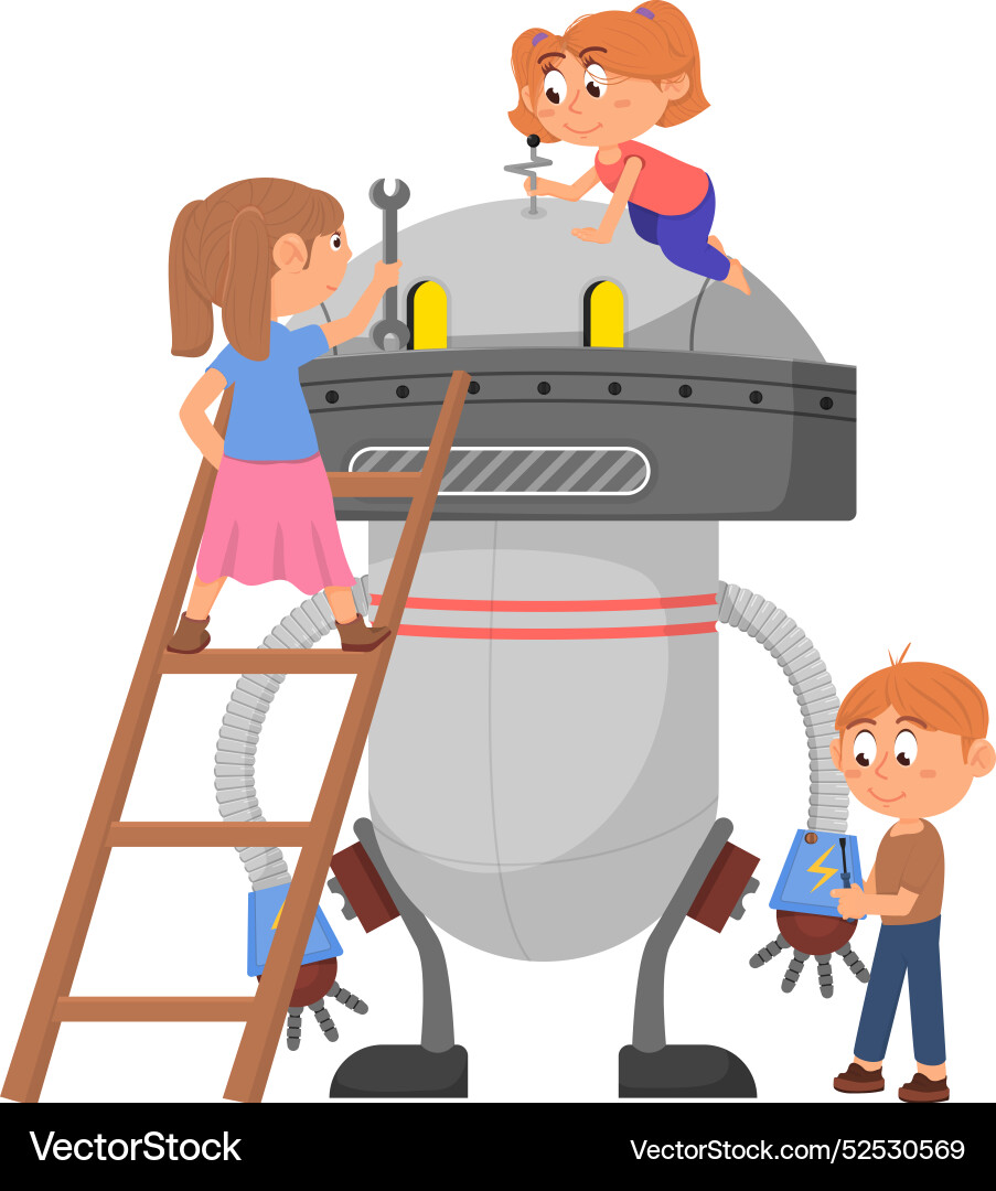 Kids constructing big robot children engineering Vector Image