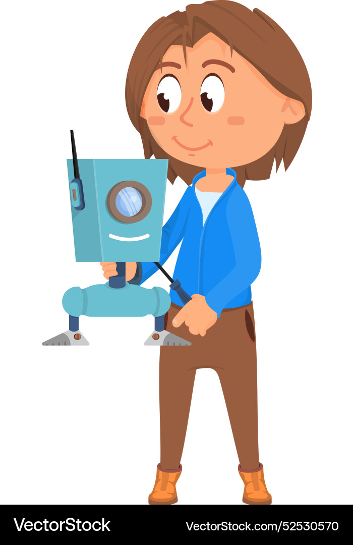 Cartoon boy hold robot kid play with mechanical Vector Image