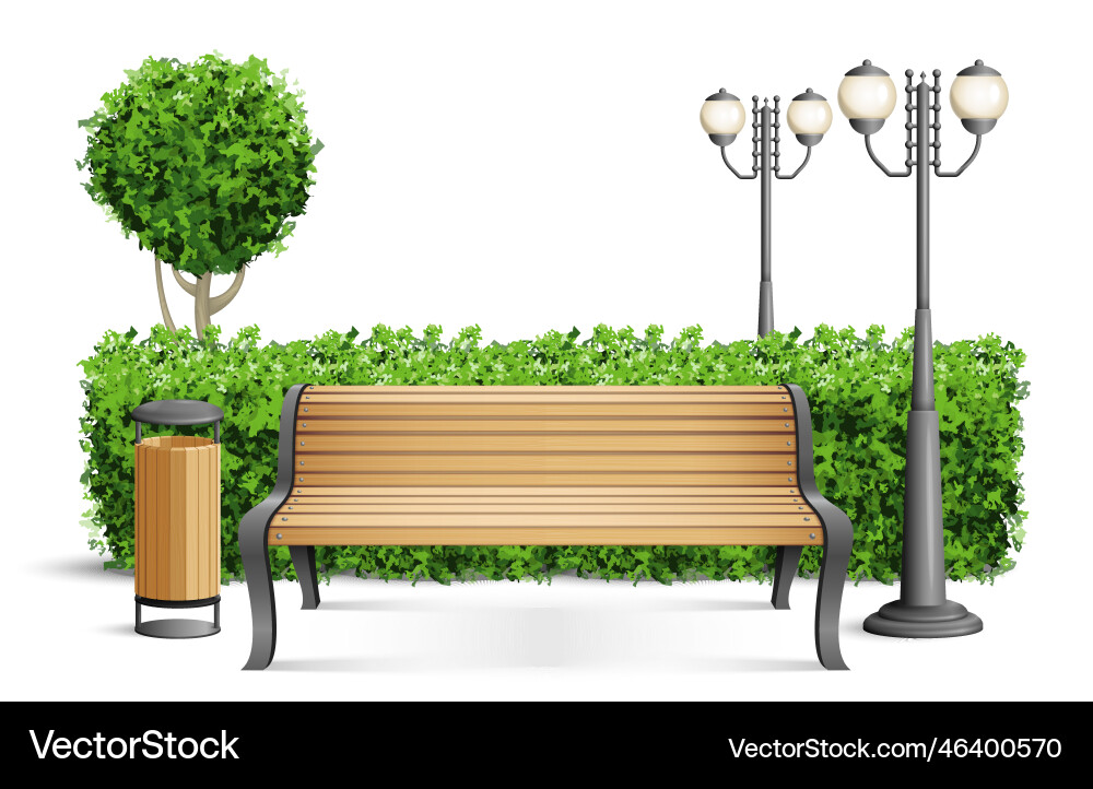 Realistic wooden park bench composition Royalty Free Vector